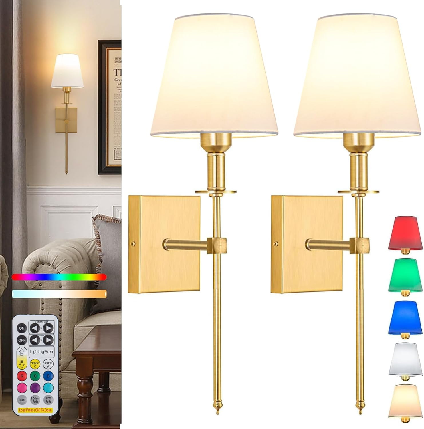 Battery Operated Wall Lights, Set of 2 Rechargeable Gold Wall Sconces ...