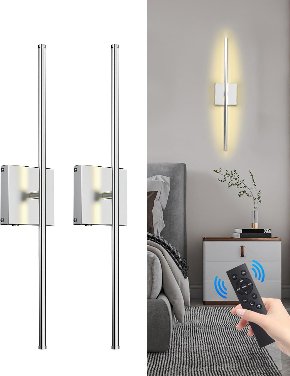 Battery Operated Wall Sconce with Remote Control,Wall Sconces Set of Two,3000K-6500K LED ...