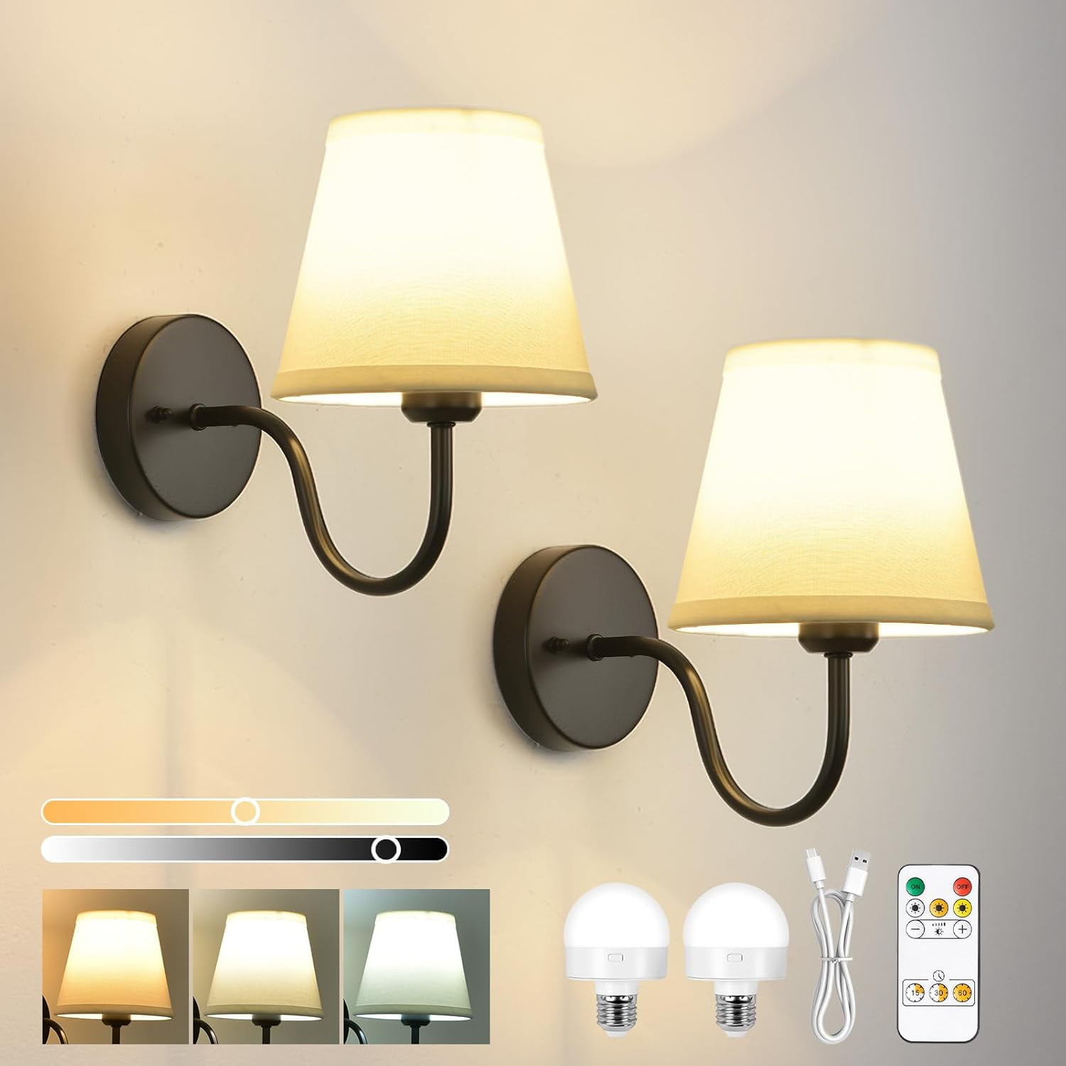 Battery Operated Wall Sconce Set of 2, Black Rechargeable Wall Lights with 4000mAh Dimmable ...