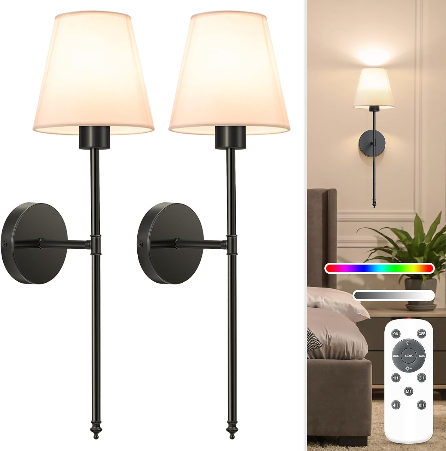 Battery Operated Wall Sconce Set of 2,Black Rechargeable Wall Lights ...
