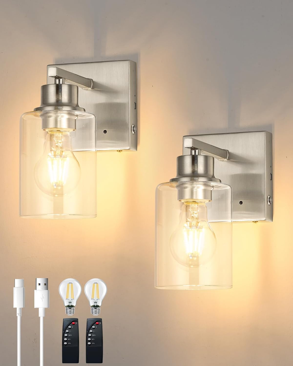 Battery Operated Wall Sconce Set of 2, Dimmable Wireless Sconces with ...
