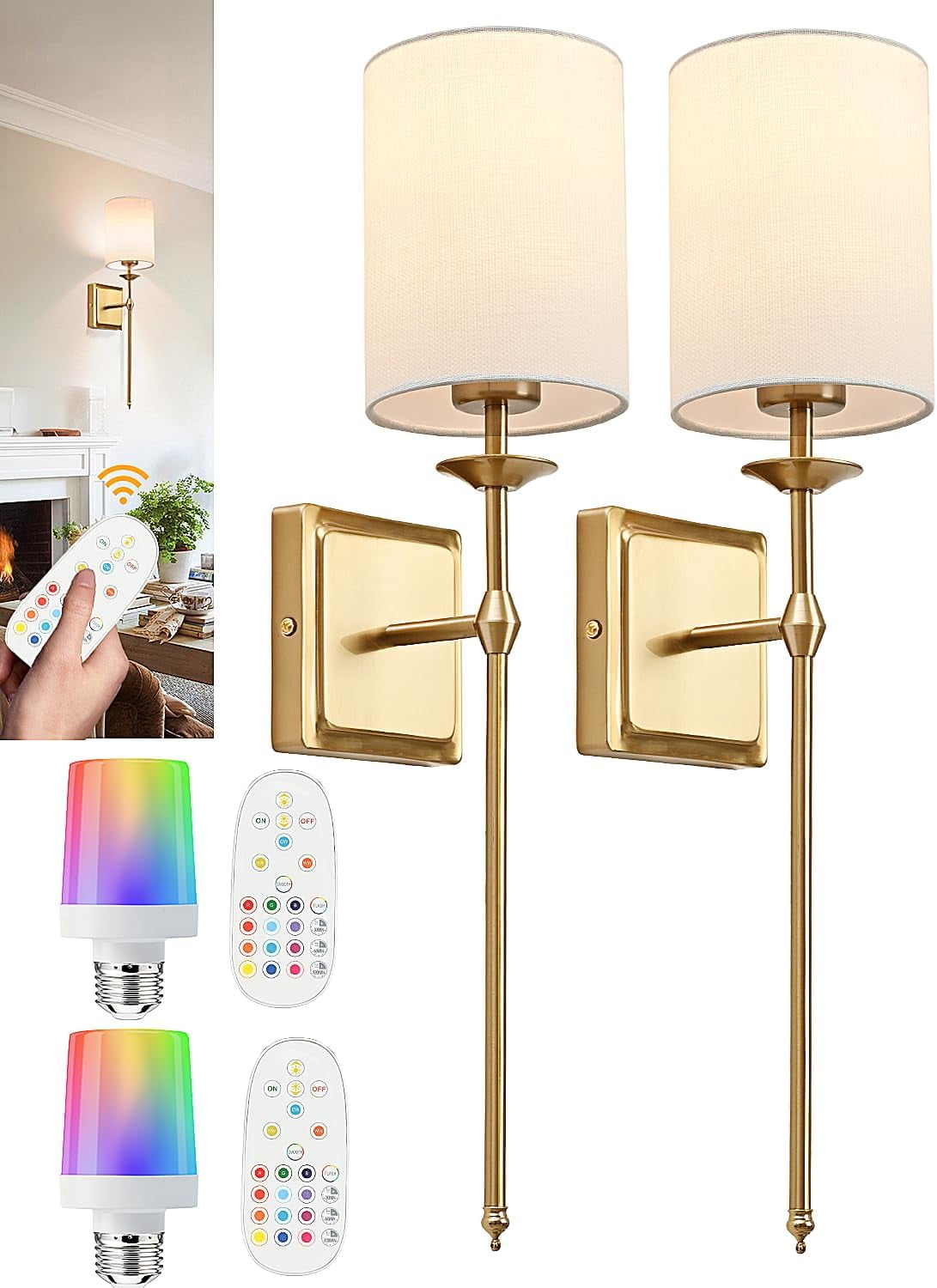 Battery Operated Wall Sconce Set of 2,Gold Rechargeable Wall Lights ...