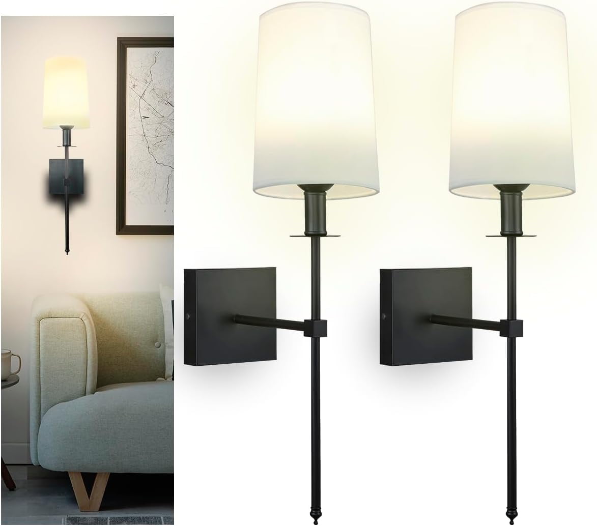 Battery Operated Wall Sconce Set of 2 with Remote Control, White Fabric ...