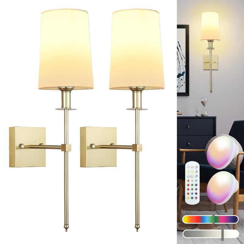 Battery Operated Wall Sconce Set of 2 with Remote Control,White Fabric ...