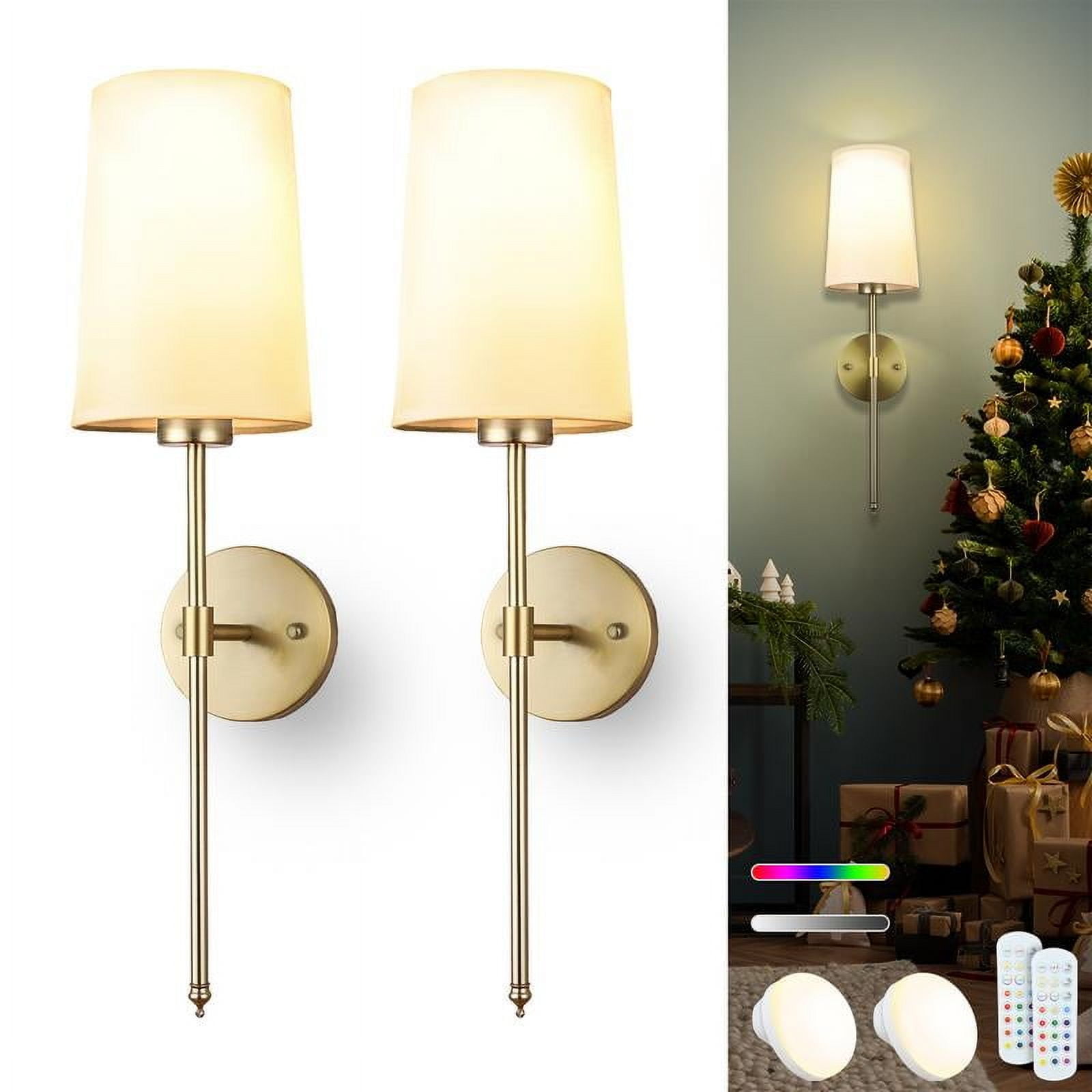 Battery Operated Wall Sconce Set of 2 with Remote Control,White Fabric ...