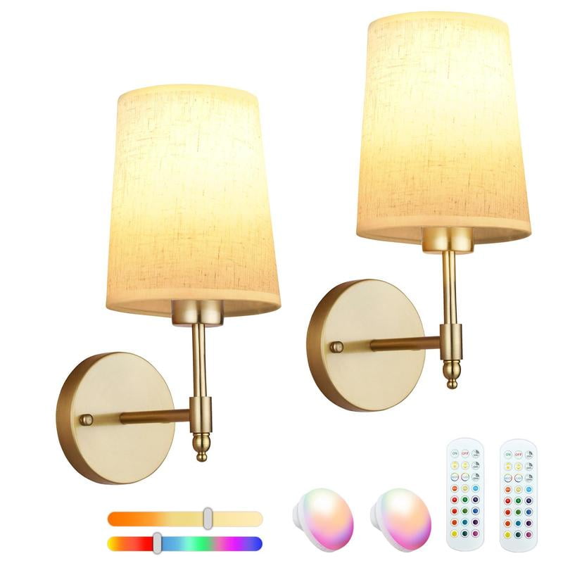 Battery Operated Wall Sconce Set of 2 with Remote Control,White Fabric Shade Wall Lights with ...