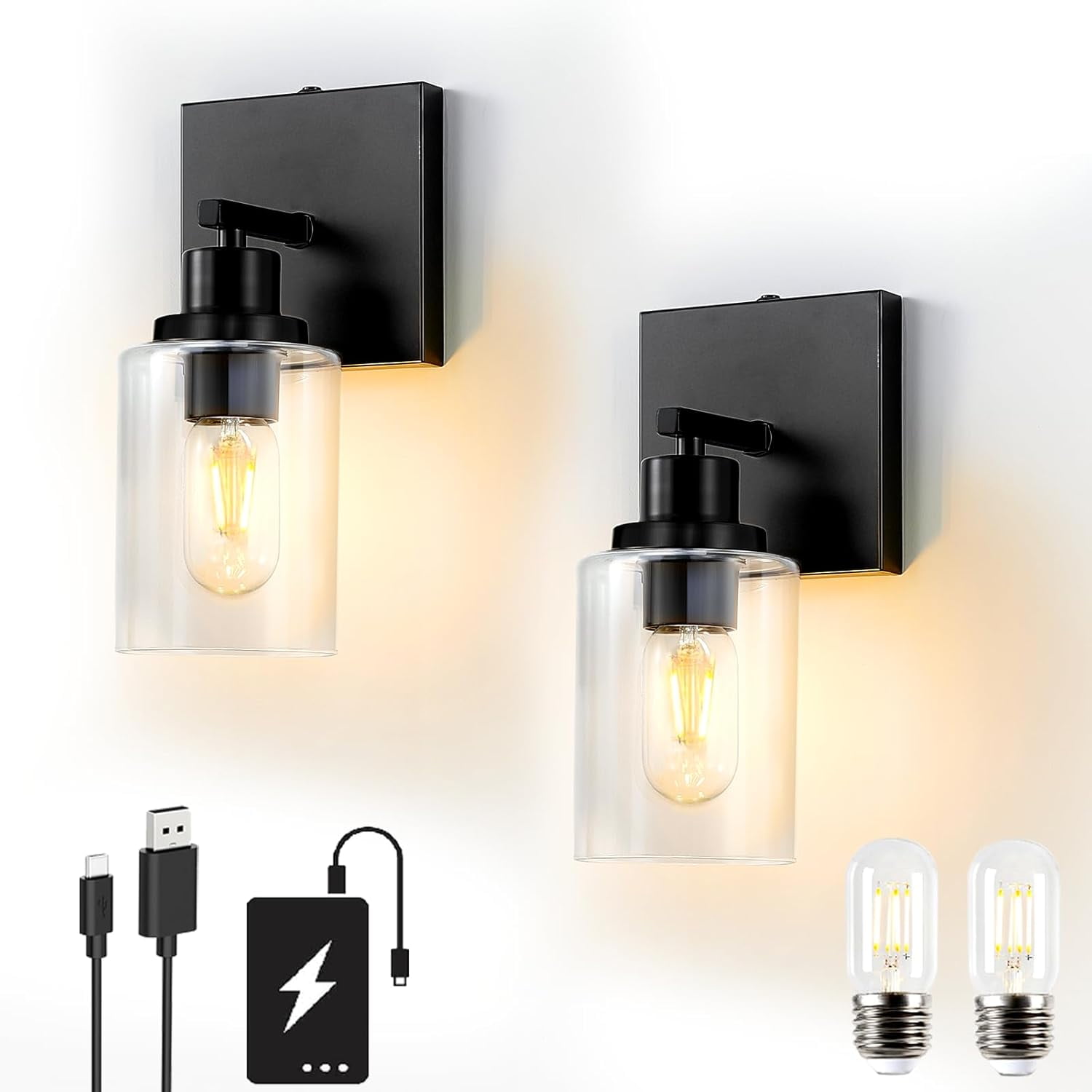 Battery Operated Wall Sconce Set of 2, Vintage Rechargeable Light Wall ...