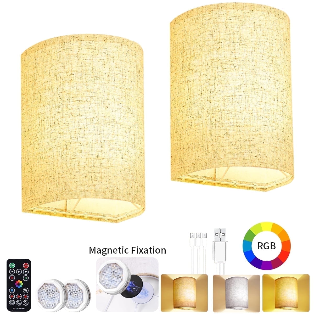 HOOYI Battery Operated Wall Sconce Set of 2 with Fabric Shade,with ...
