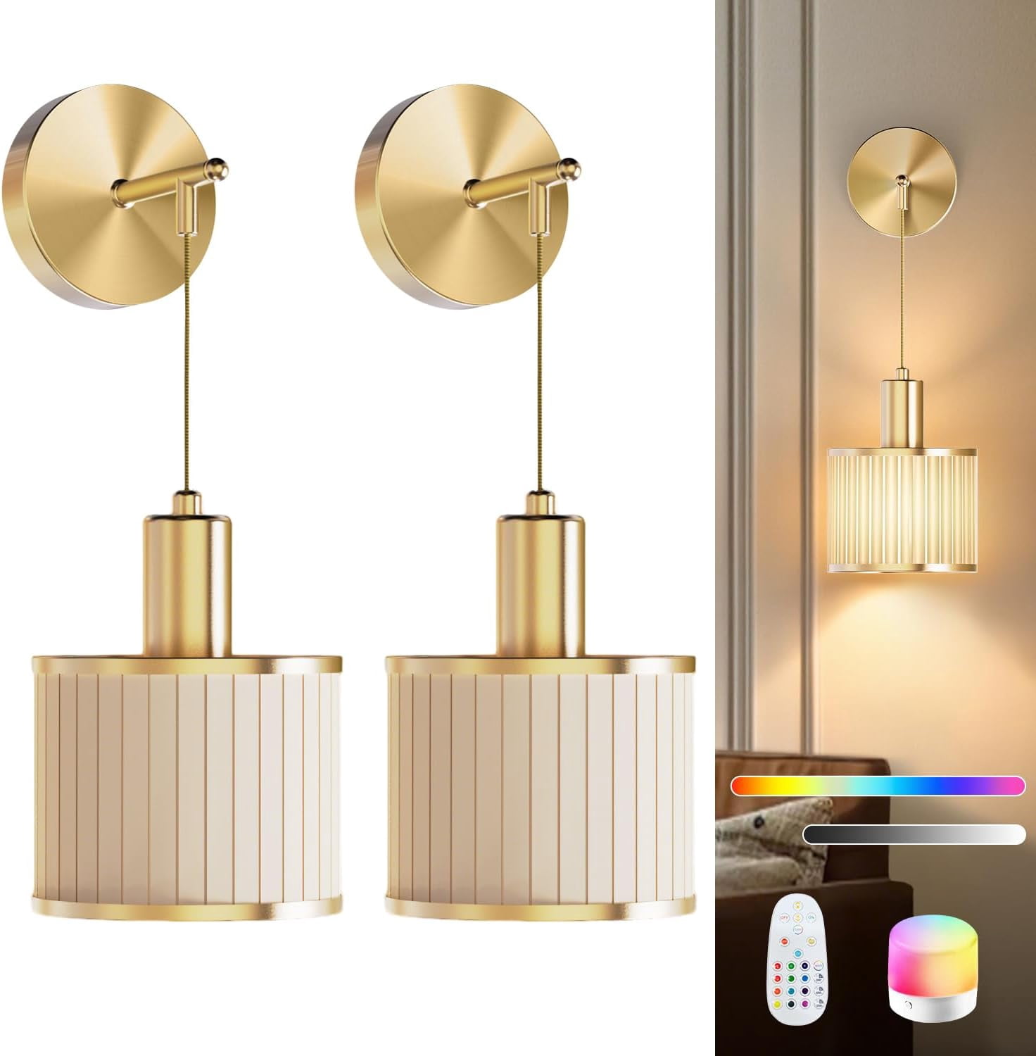 Battery Operated Wall Sconce Set of 2, Wireless Rechargeable Wall ...