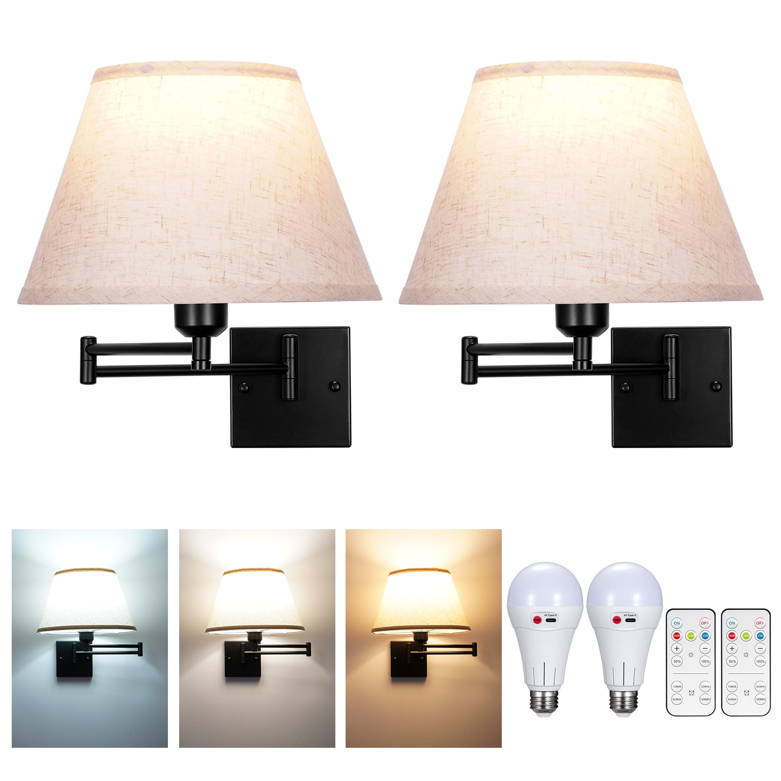 Battery Operated Wall Sconce Set of Two,Dimmable Battery Swing Arm Wall ...
