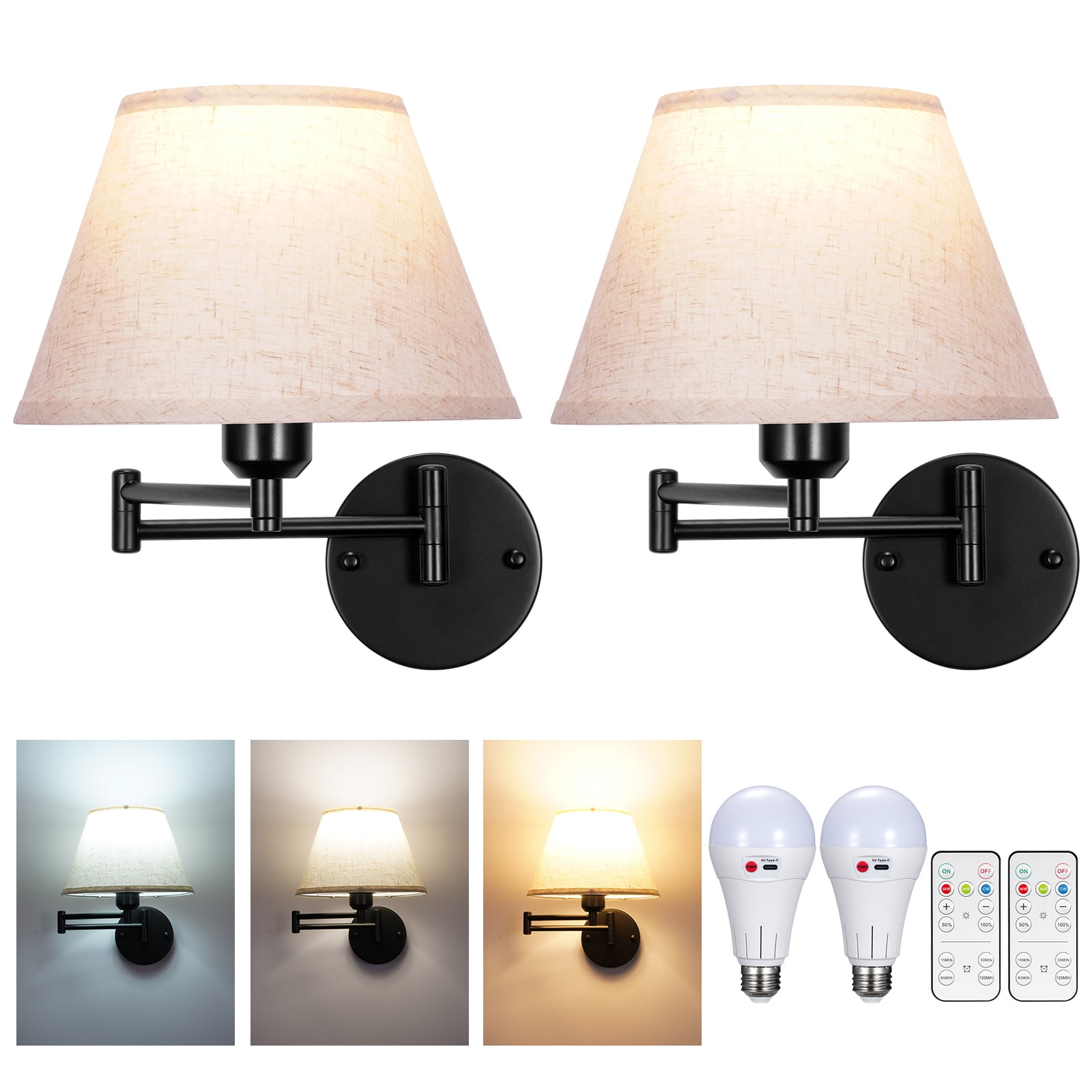 Battery Operated Wall Sconce Set of Two,Dimmable Battery Swing Arm Wall ...