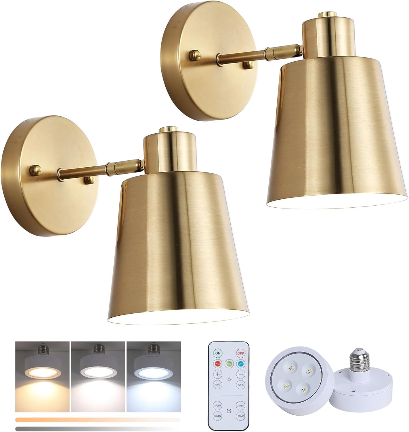 Battery Operated Wall Sconce Set of Two,Gold Modern with Remote Control ...