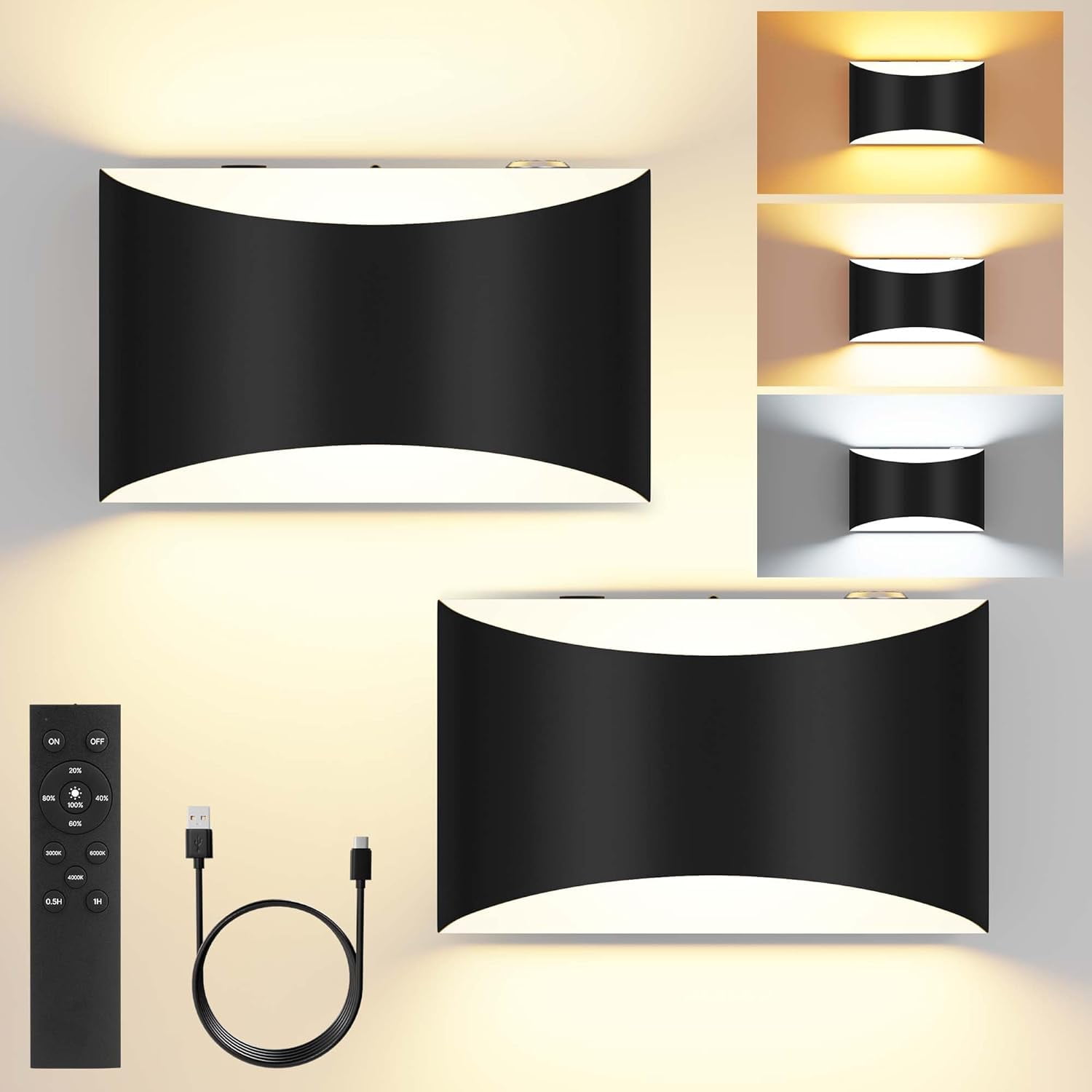 Battery Operated Wall Sconces Set of 2, 8000mAh Rechargeable Wireless ...