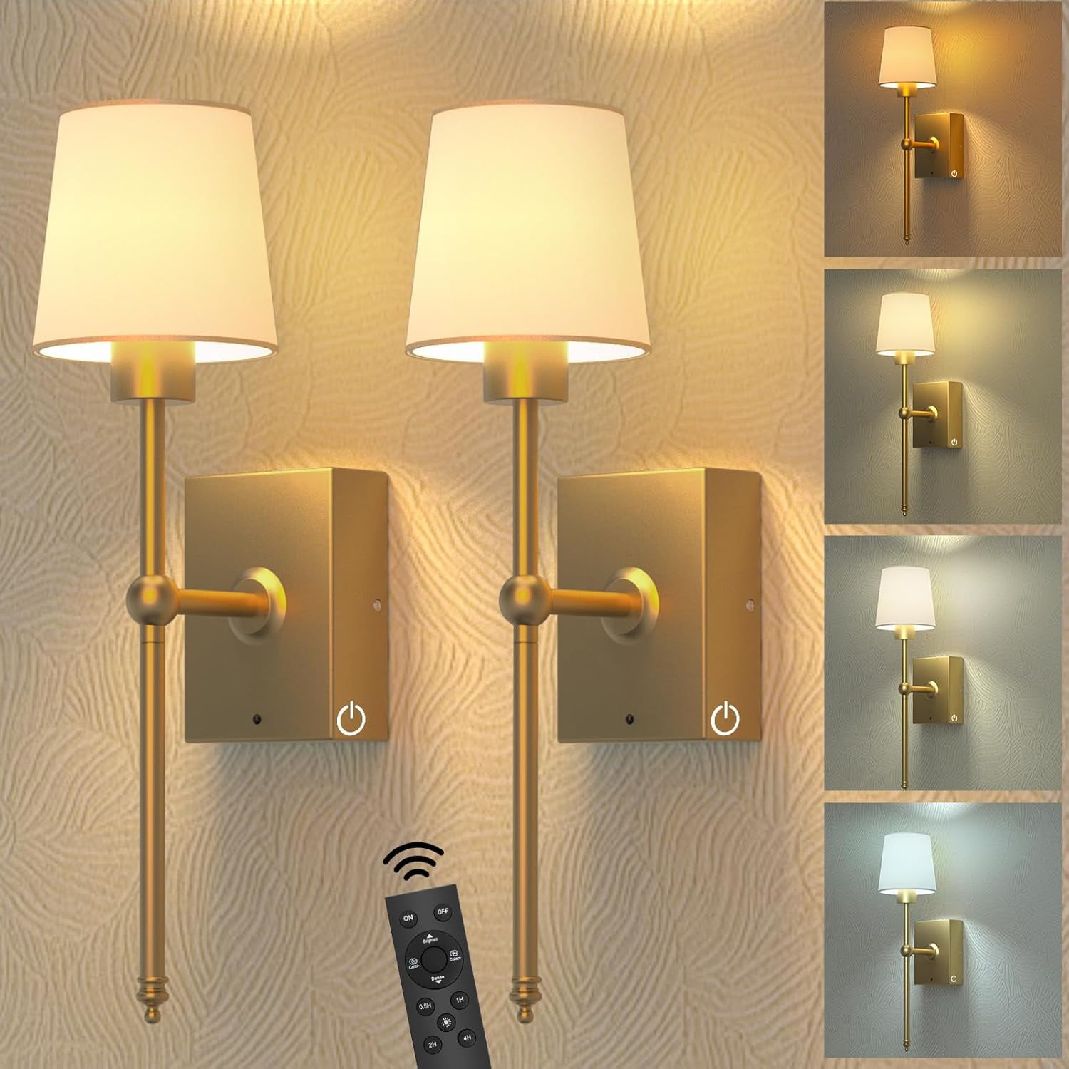 Battery Operated Wall Sconces Set of 2: Gold Rechargeable Wall Lights ...