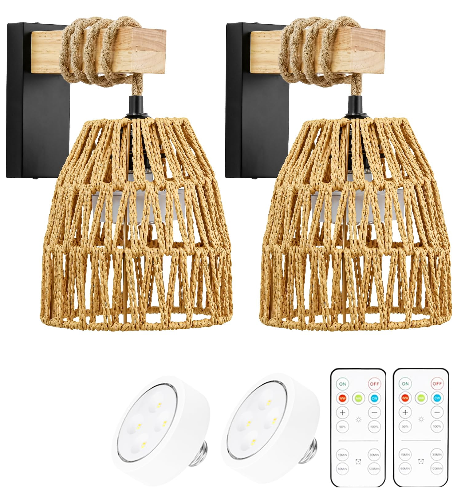 Battery Operated Wall Sconces, Set of 2 Rattan Boho Wireless Sconce ...