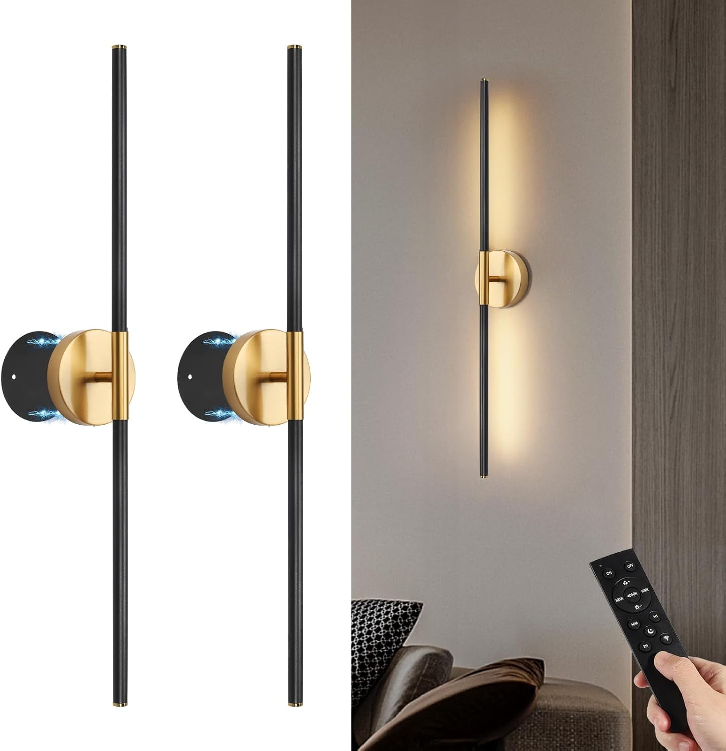 Battery Operated Wall Sconces Set of Two, 360°Rotate Wireless Wall ...