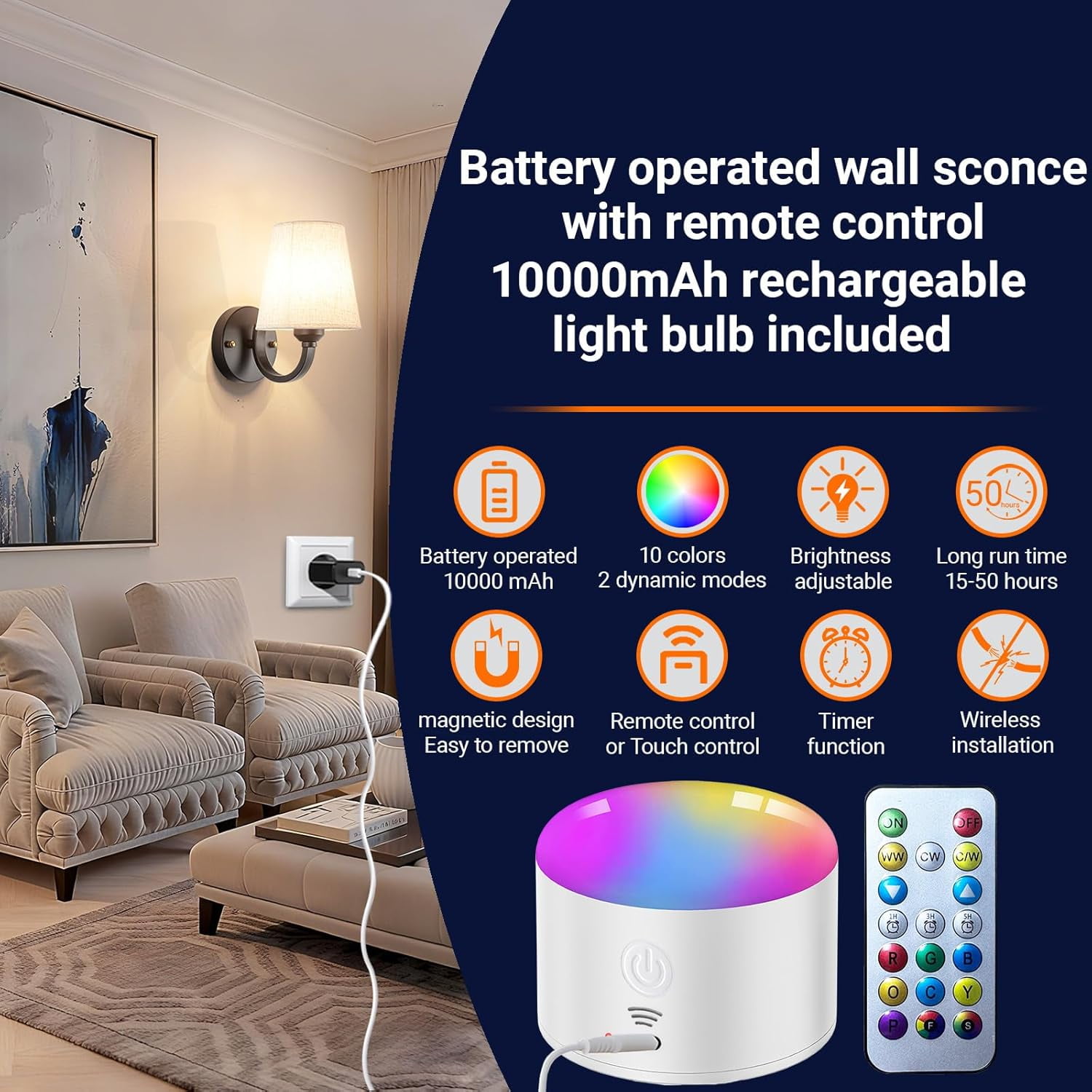 Battery Operated Wall Sconces Set of Two, Indoor Wireless Wall Mounted ...