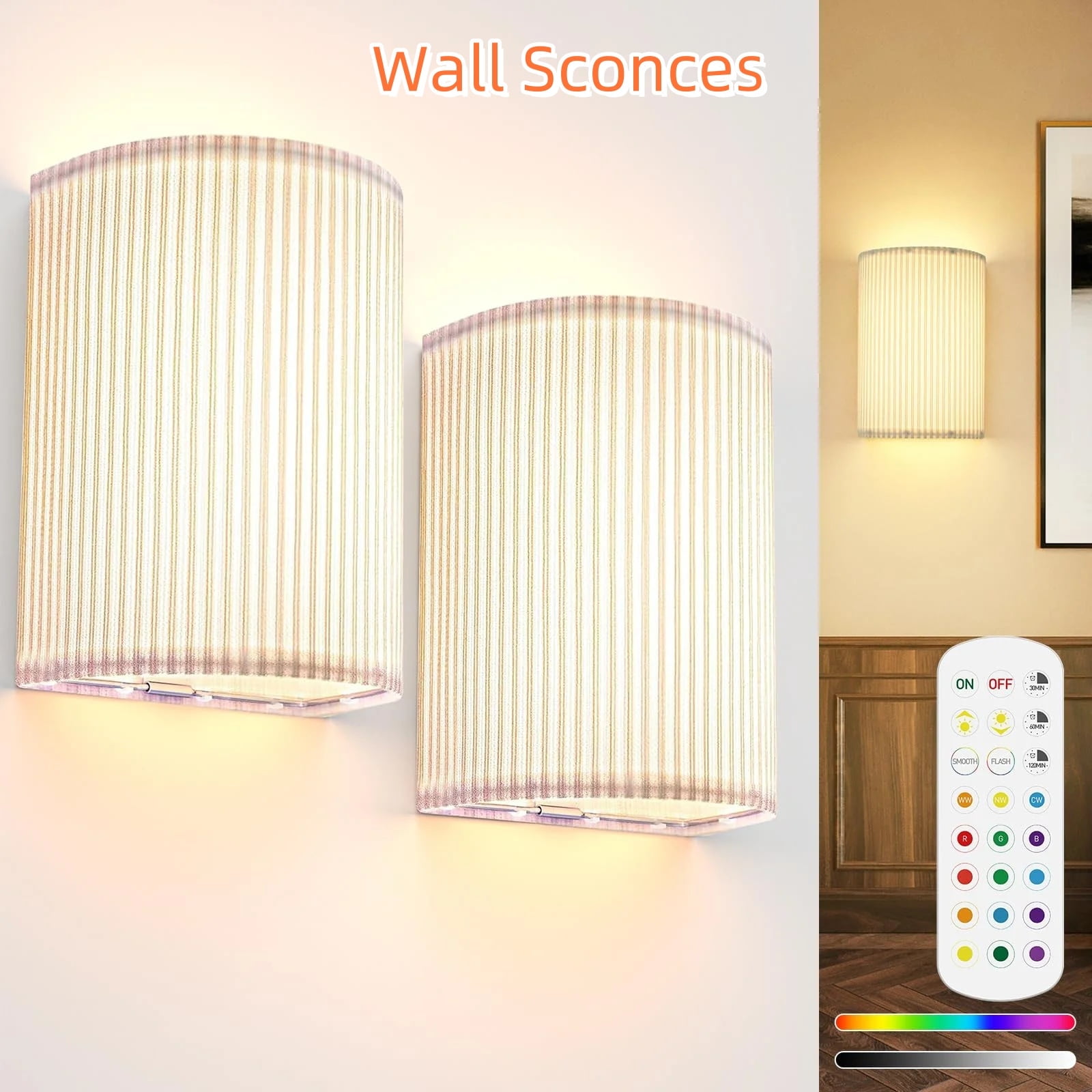 Battery Operated Wall Sconces Set of 2, 5000mAh Rechargeable RGB Wall ...