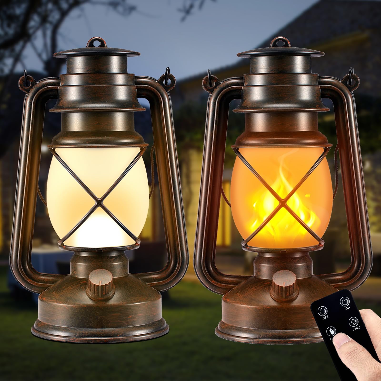 Battery-Powered 2 Modes Lighting LED Vintage Lanterns Decorative Outdoor & Indoor, 2 Pack Bronze ...