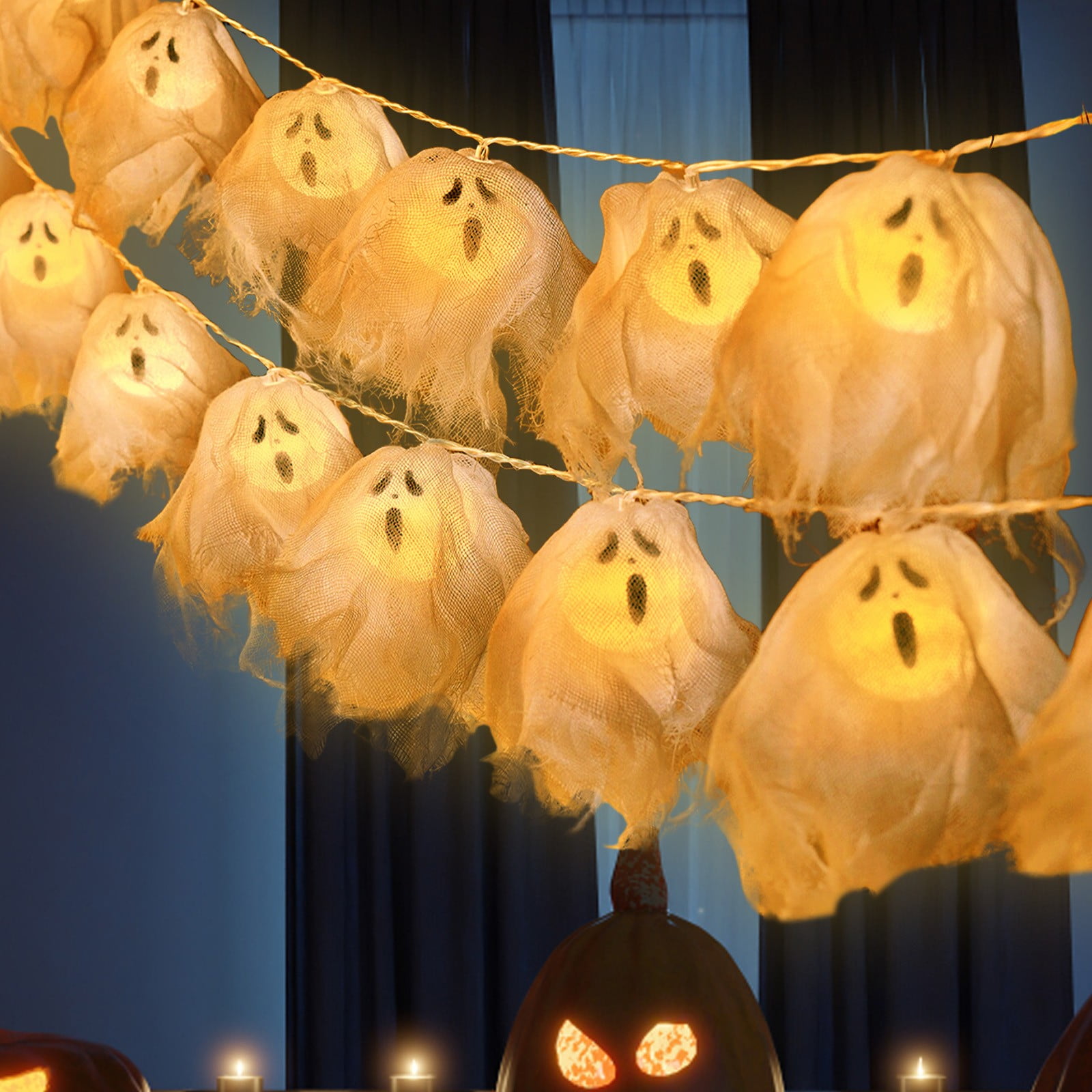 Battery Powered Halloween Ghost Lights 10 LED 59.1 Inch Hanging Garland ...