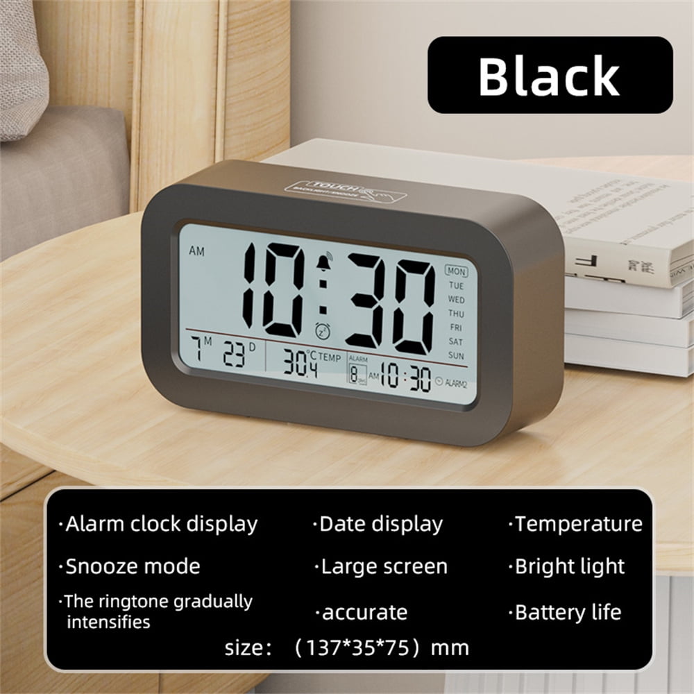 Battery Powered LCD Alarm Clock TEMP Date Week 3 Alarms Backlight ...