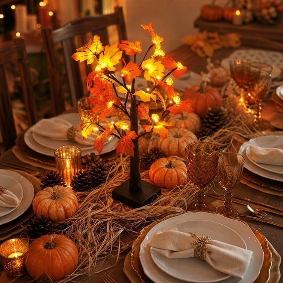 Battery-Powered Led Maple Tree Lights Decorated with Pumpkin Elements ...