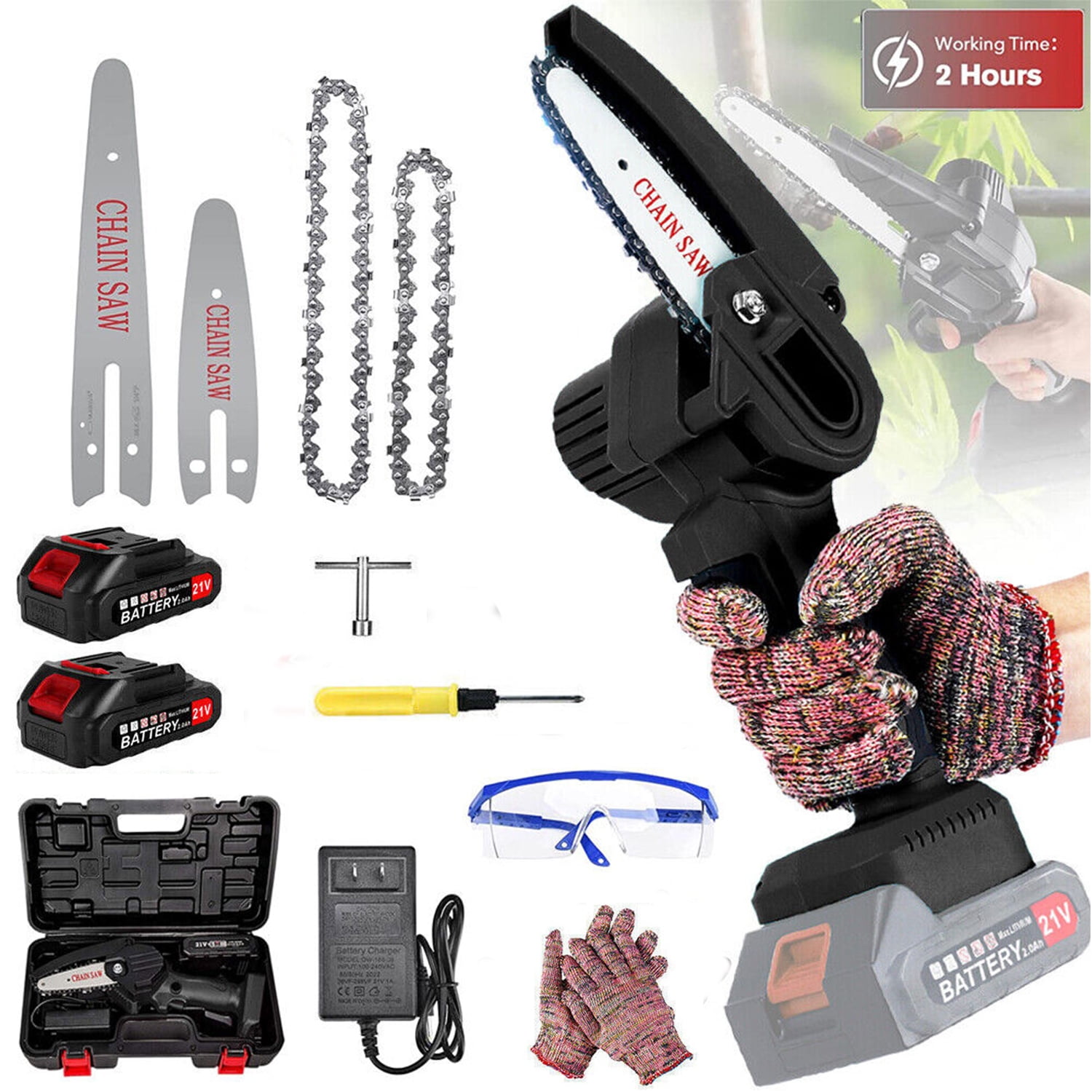 Battery Powered Mini Chainsaw with 2pcs Rechargeable 21V Battery ...