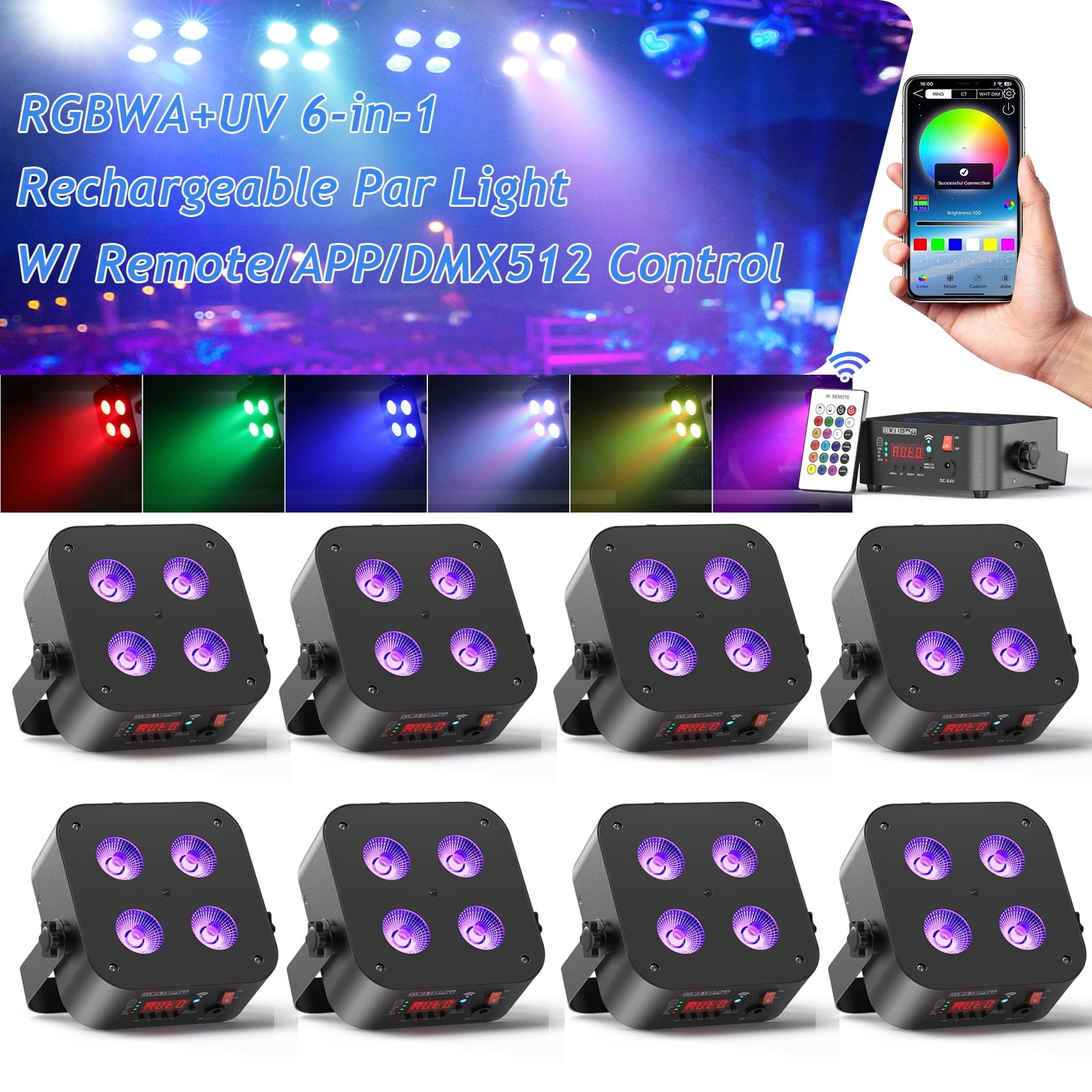 Battery Powered Rechargeable Par Light - 4*18W 6IN1 RGBWA+UV Wireless ...