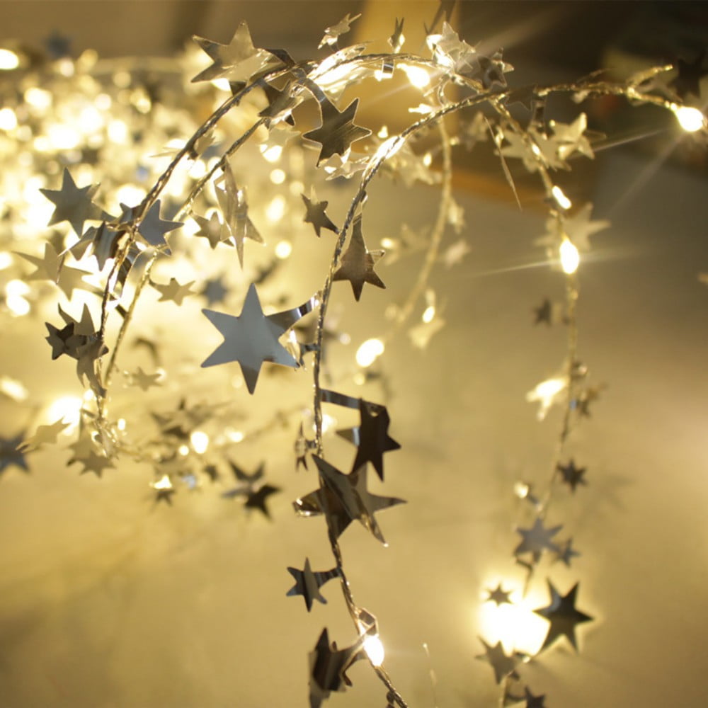 Battery Powered Sliver Tinsel Star Garland Lights, 33ft 100 LED Starry ...