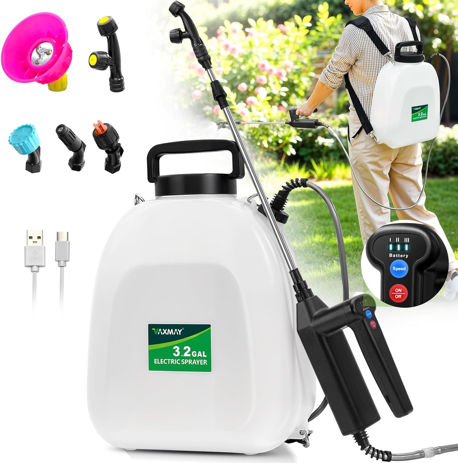 Battery Powered Sprayer 3.2 Gallon, Backpack Sprayer with 3 Adjustable ...