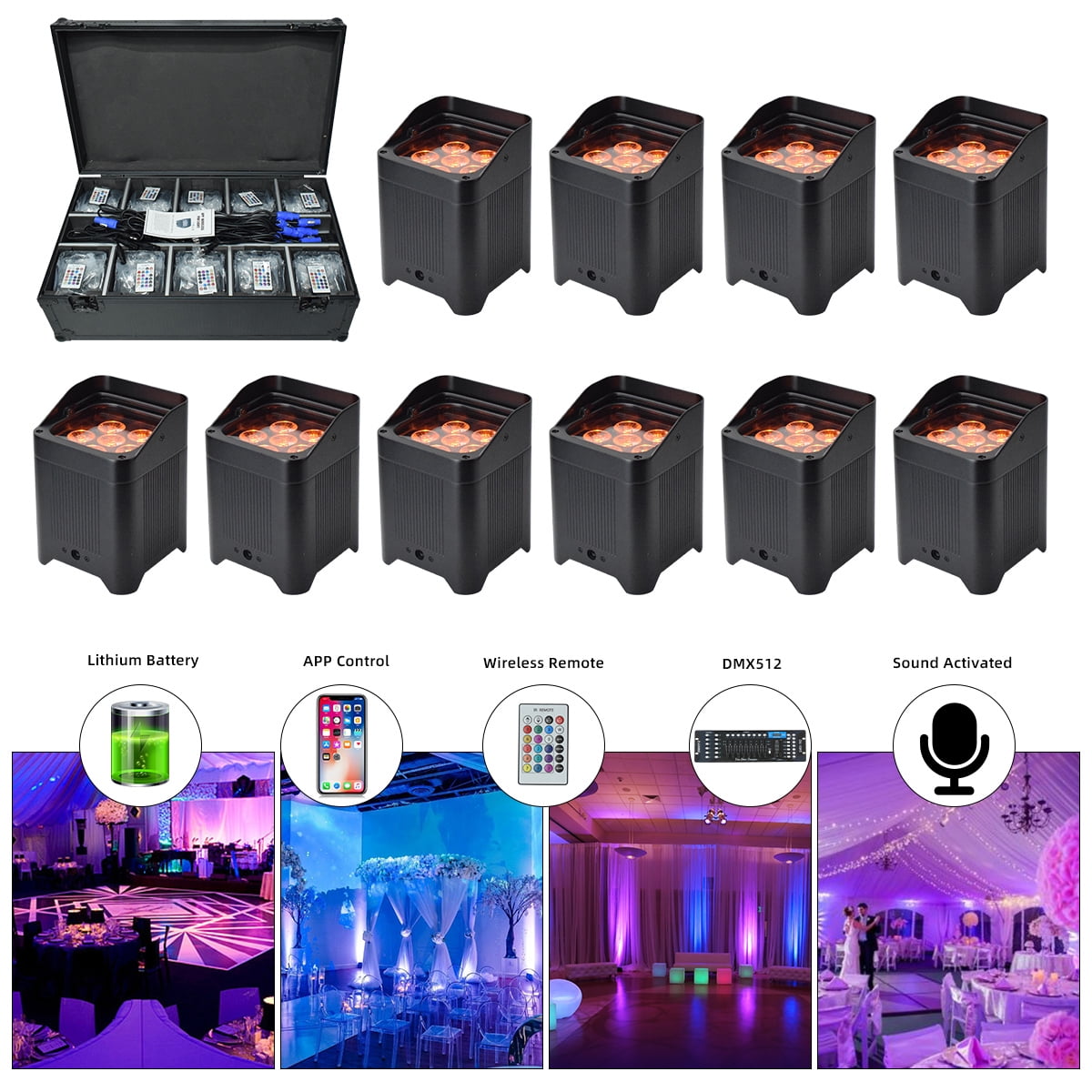 Battery Powered Uplights Rechargeable Par Can 6x18W RGBWA+UV LED Stage ...