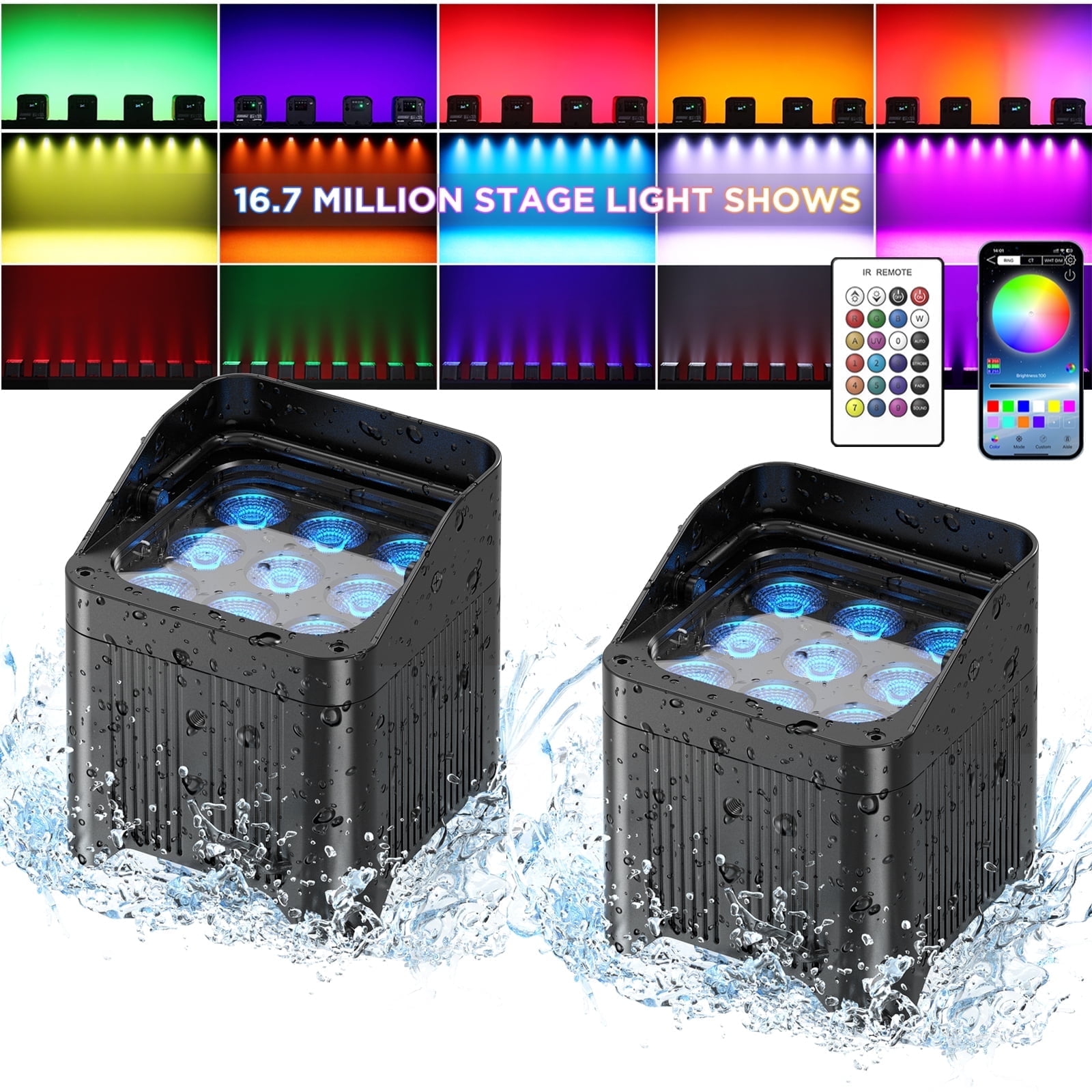 2 Pack Rechargeable Stage Par Lights, 9x18W RGBW+UV 6-in-1, 8800mAh ...