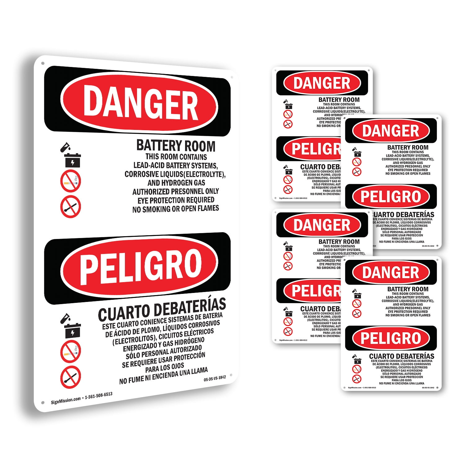 Battery Room Bilingual OSHA Danger Rigid Plastic Sign 10 Inch x 7 Inch ...