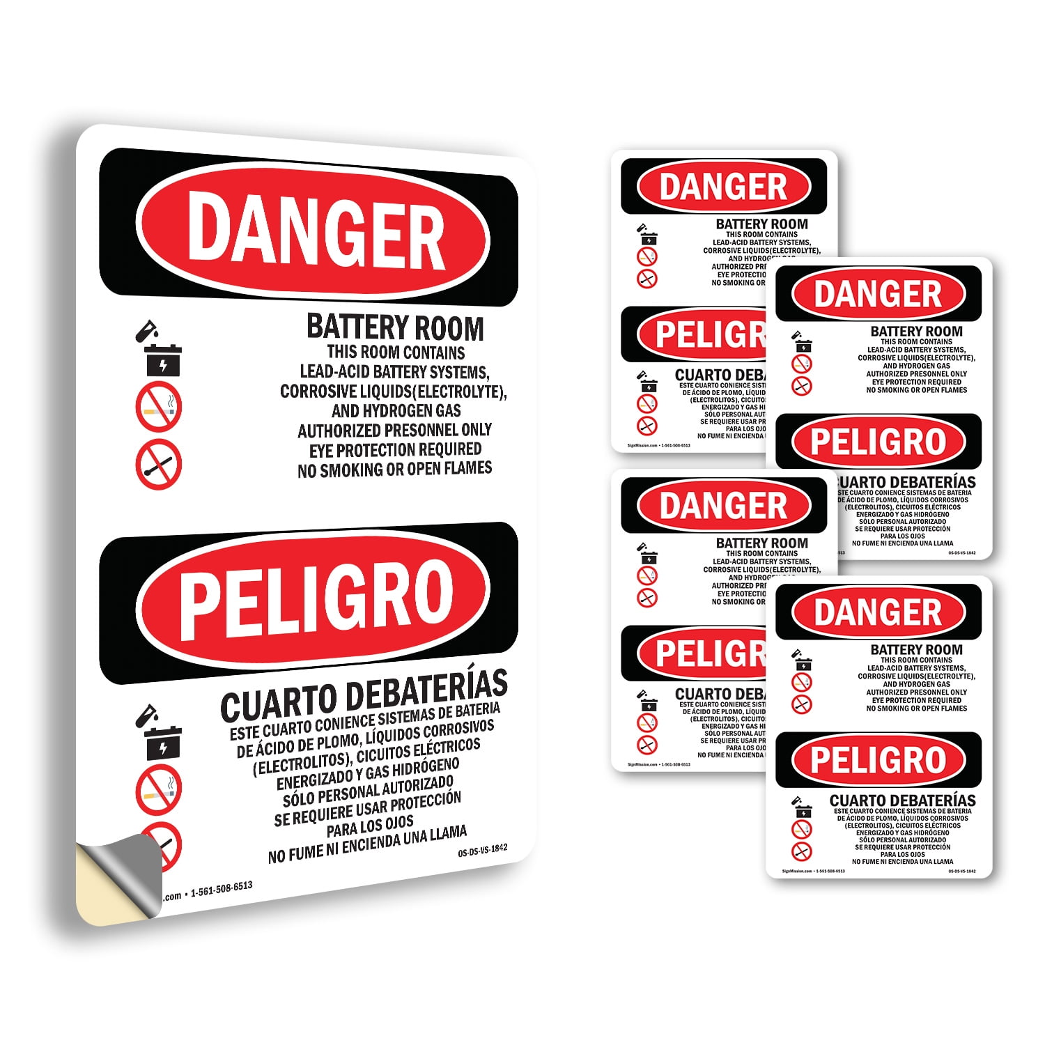 Battery Room Bilingual OSHA Danger Vinyl Decal Label 5 Inch x 3.5 Inch ...