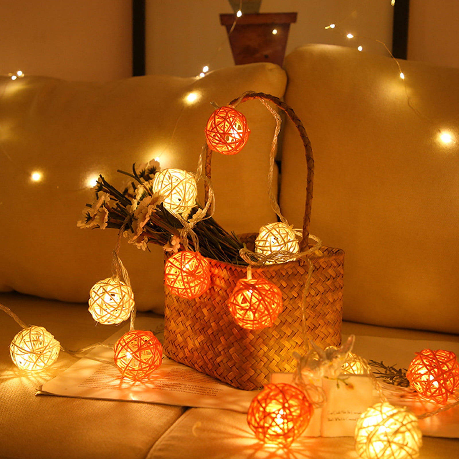 Battery String Light for Indoor: 9.84Ft/20 LED Cotton Ball Lanterns USB ...