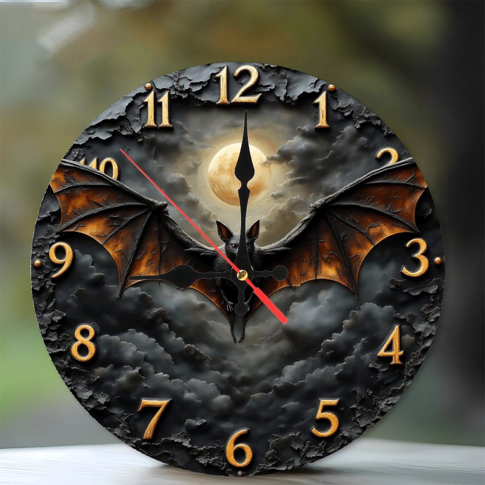 Batthemed Wall Clock for Halloween Decoration 10-Inch Silent Wooden ...