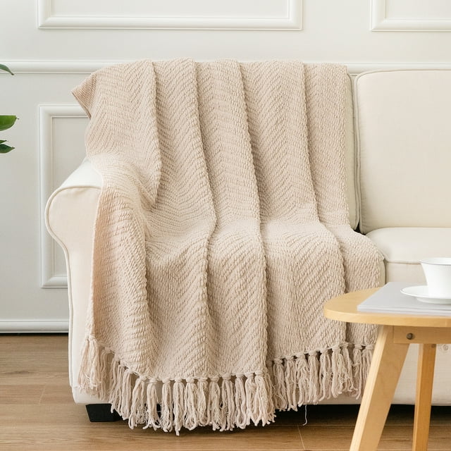 "Battilo Cozy Solid Fringe Comfort Beige Knitted Throw Blanket ...