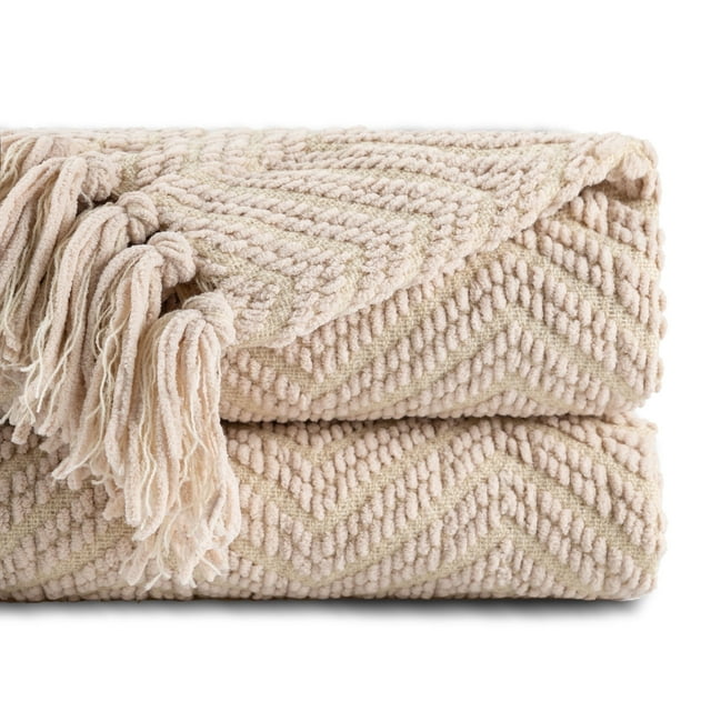 "Battilo Cozy Solid Fringe Comfort Beige Knitted Throw Blanket ...