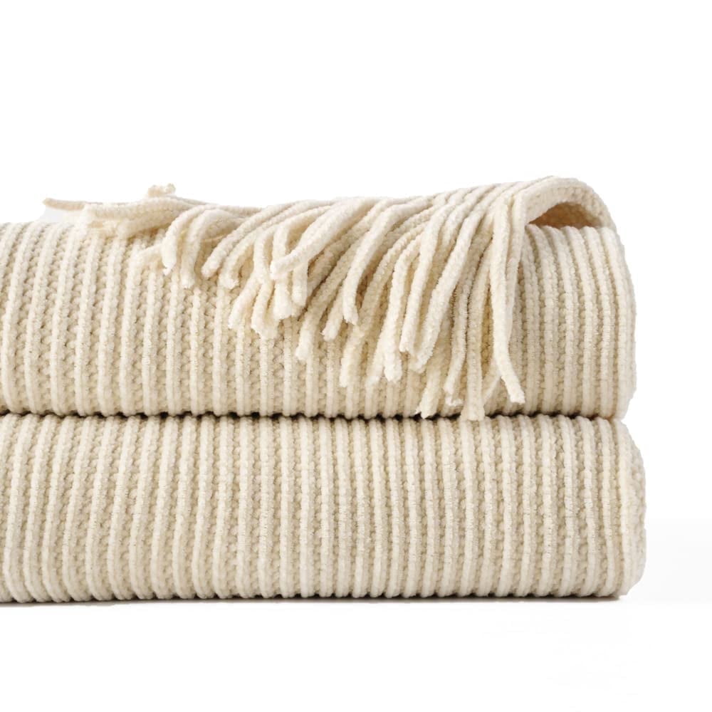 Beige Throw Blanket for Couch,Soft Chenille Knit Blanket,Cream Throw ...