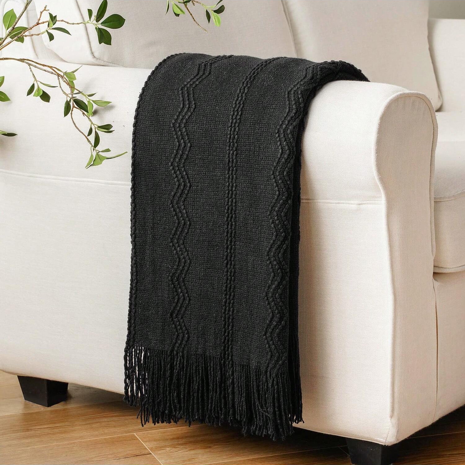 "Battilo Cable Texture Knitted Throw Blanket for Couch and Sofa, Black ...