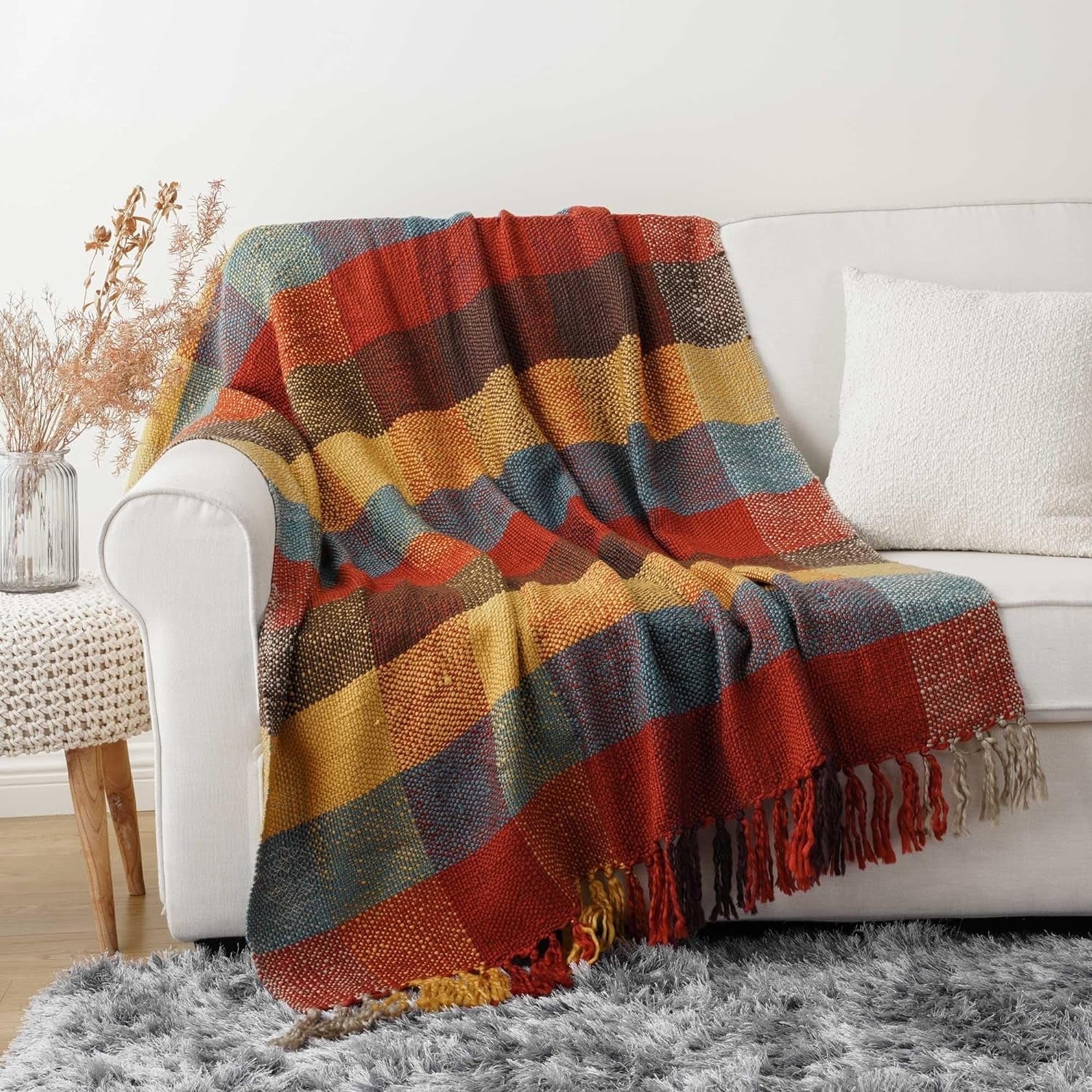 Battilo Colorful Plaid Throw Blanket for Couch,Orange Checkered Knit ...