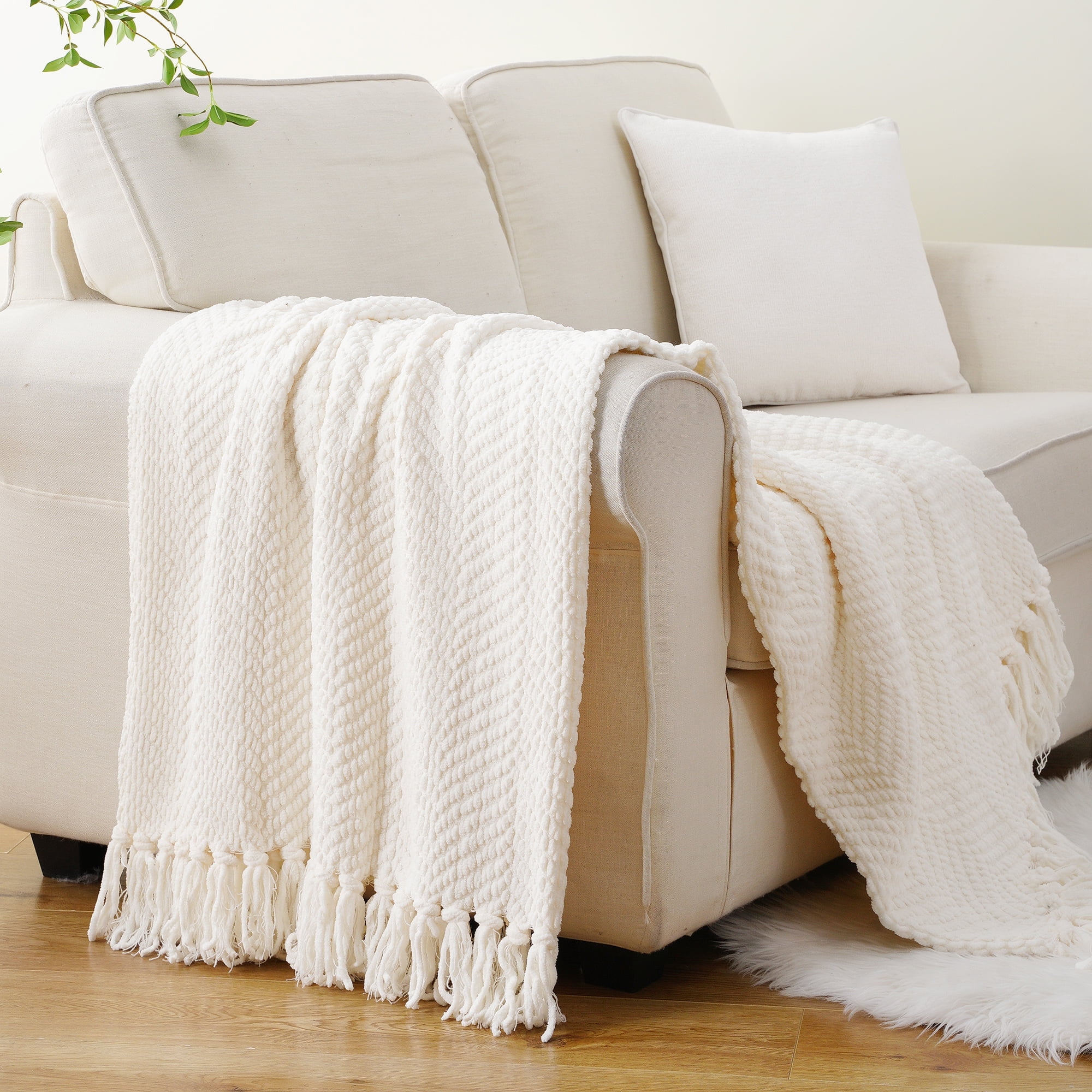 "Battilo Woven Cozy Fringe Throw Blanket, Cream Textured Knitted with ...