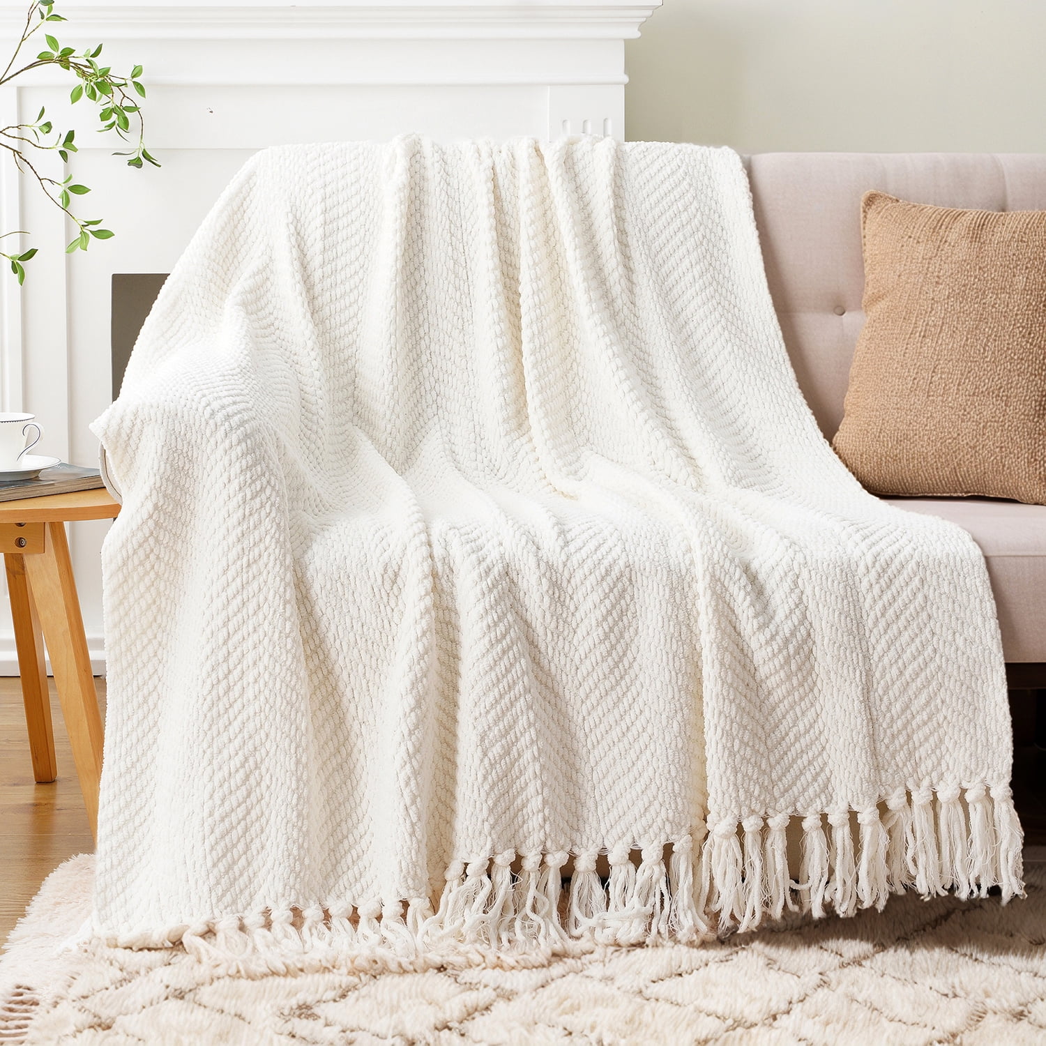 "Battilo Woven Cozy Fringe Throw Blanket, Cream Textured Knitted with ...