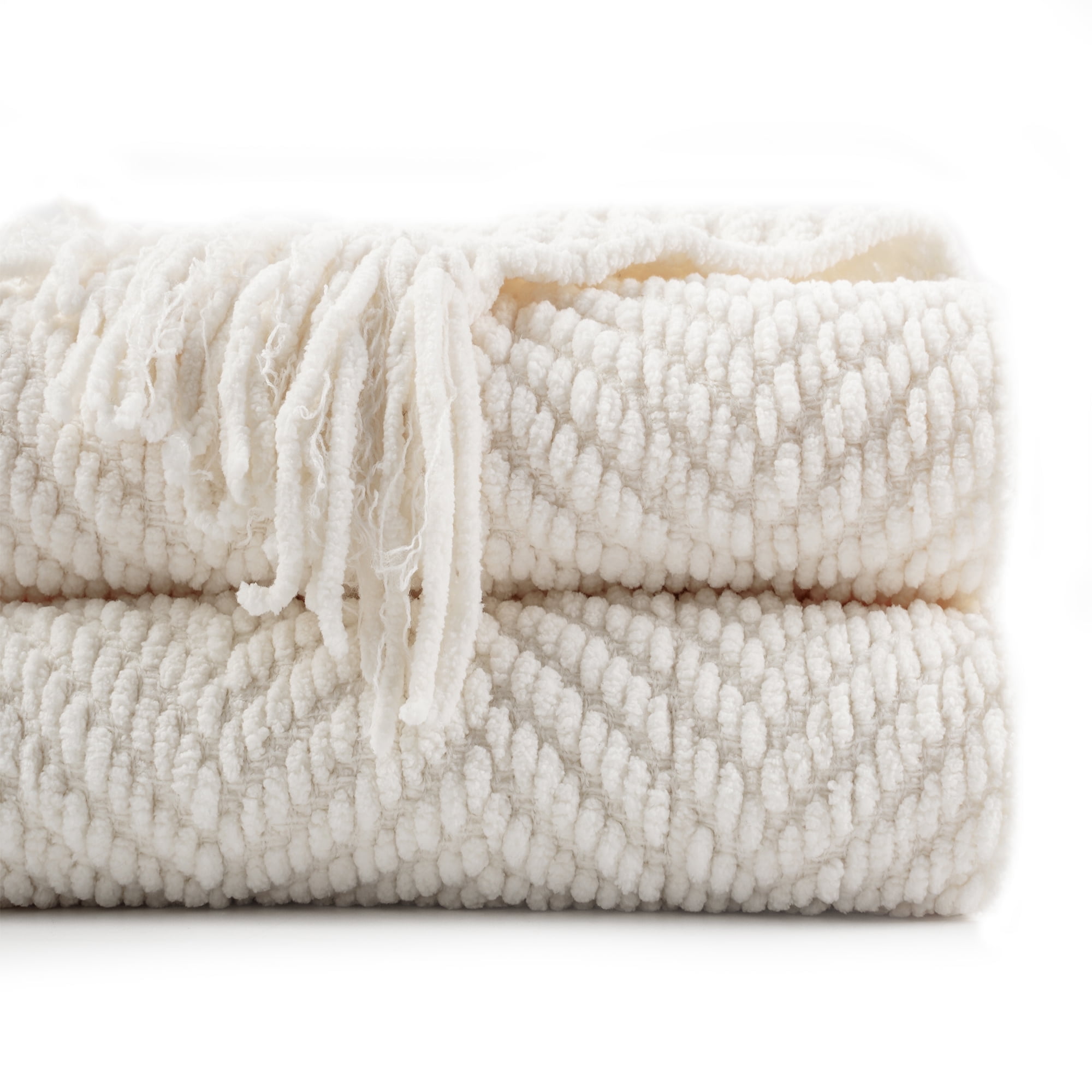 "Battilo Woven Cozy Fringe Throw Blanket, Cream Textured Knitted with ...