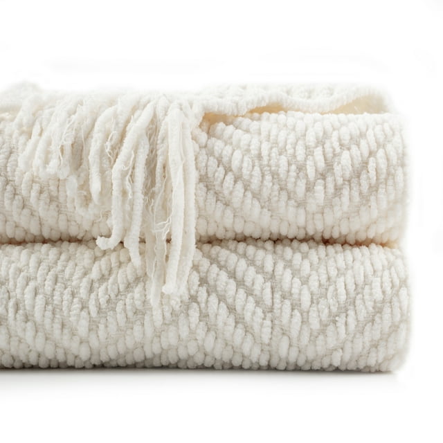 Battilo Cream Throw Blanket, Textured Knitted Throw Blanket with ...