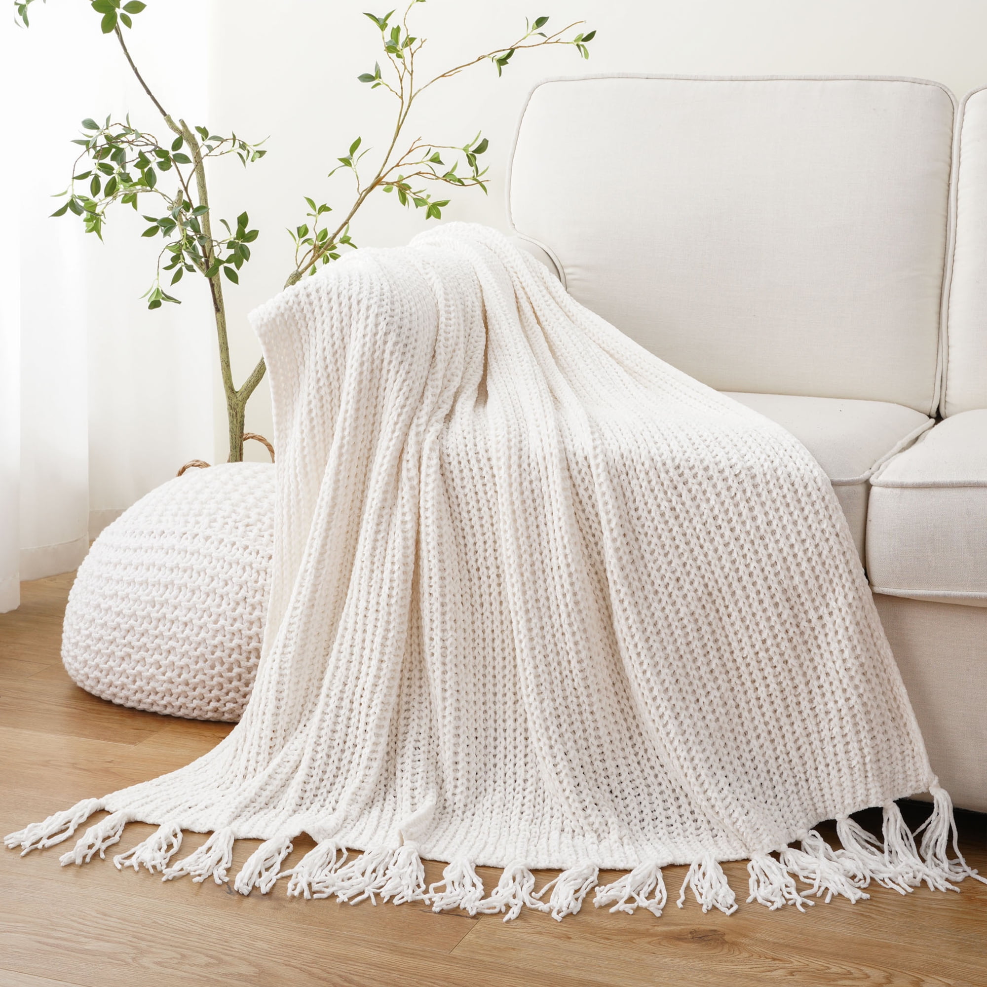 Battilo Cream Throw Blanket for Couch, Knit Chenille Throw Blankets for ...
