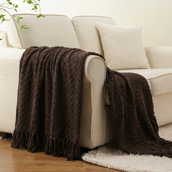 Battilo Knitted Dark Brown Sofa Throw Blanket, Herringbone Design, 50 ...