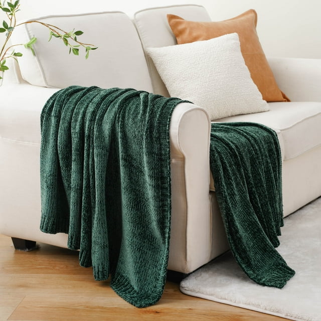Battilo Dark Green Throw Blanket Chenille Knit Throws for Couch Bed ...