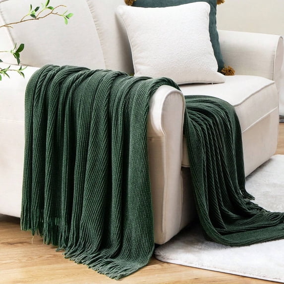Battilo Dark Green Throw Blanket,Chenille Knit Throws with Tassels ...