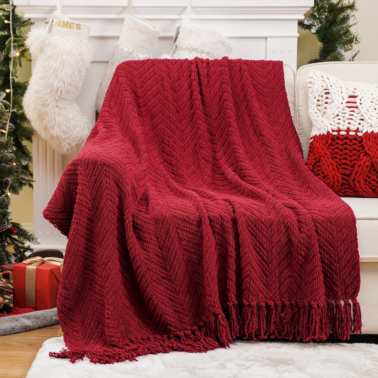 Battilo Dark Red Throw Blanket for Couch,Knit Christmas Red Throw for ...